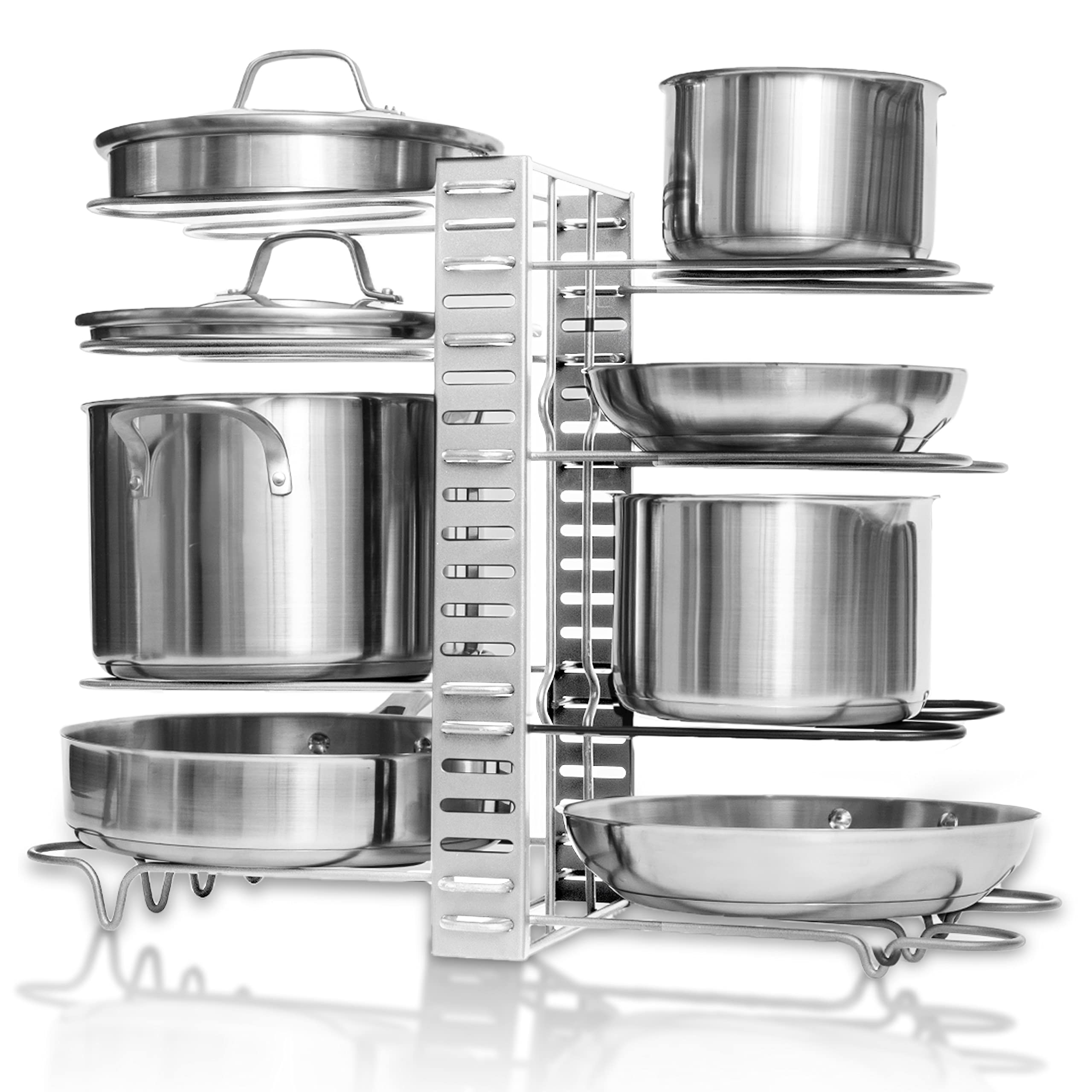 GeekDigg Pot and Pan Organizer for Cabinet, Extensible and Length Adjustable Lid Rack for Kitchen Counter and Cabinet, Lid Organizer for 10+ Pots and Pans with 6 DIY Methods (Silver)