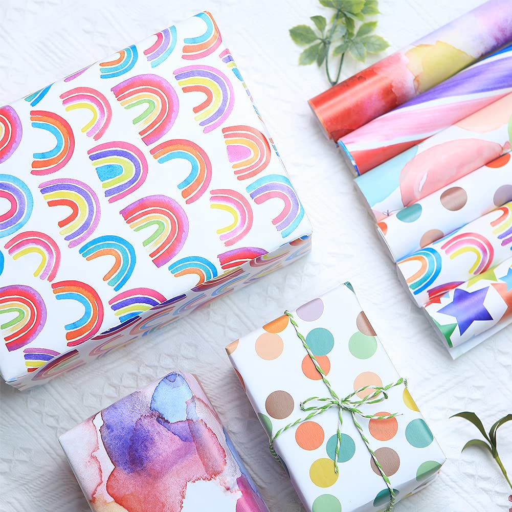 Apol Gift Wrapping Paper Birthday,Rainbow Pink Folded Gift Wrap Set 20 x 28 inches per sheet (12 sheets: 47 sq. ft. ttl.) W/String and Sticker for Bridal Baby Shower Wedding Graduation and More