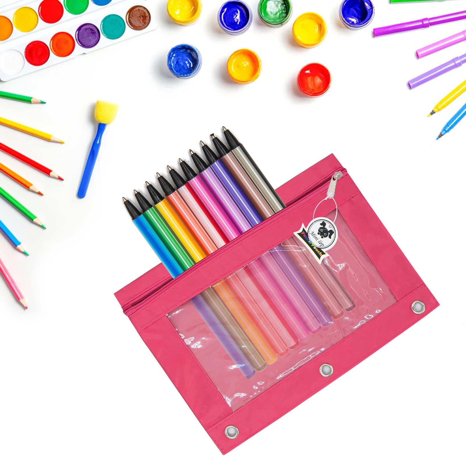MINI LOP 3 Ring Binder Pencil Pouches, Pencil Pouch for 3 Ring Binder, Zippered Clear Window Pencil Case for Binder with Rivet Enforced Hole 3 Ring, 5 Packs