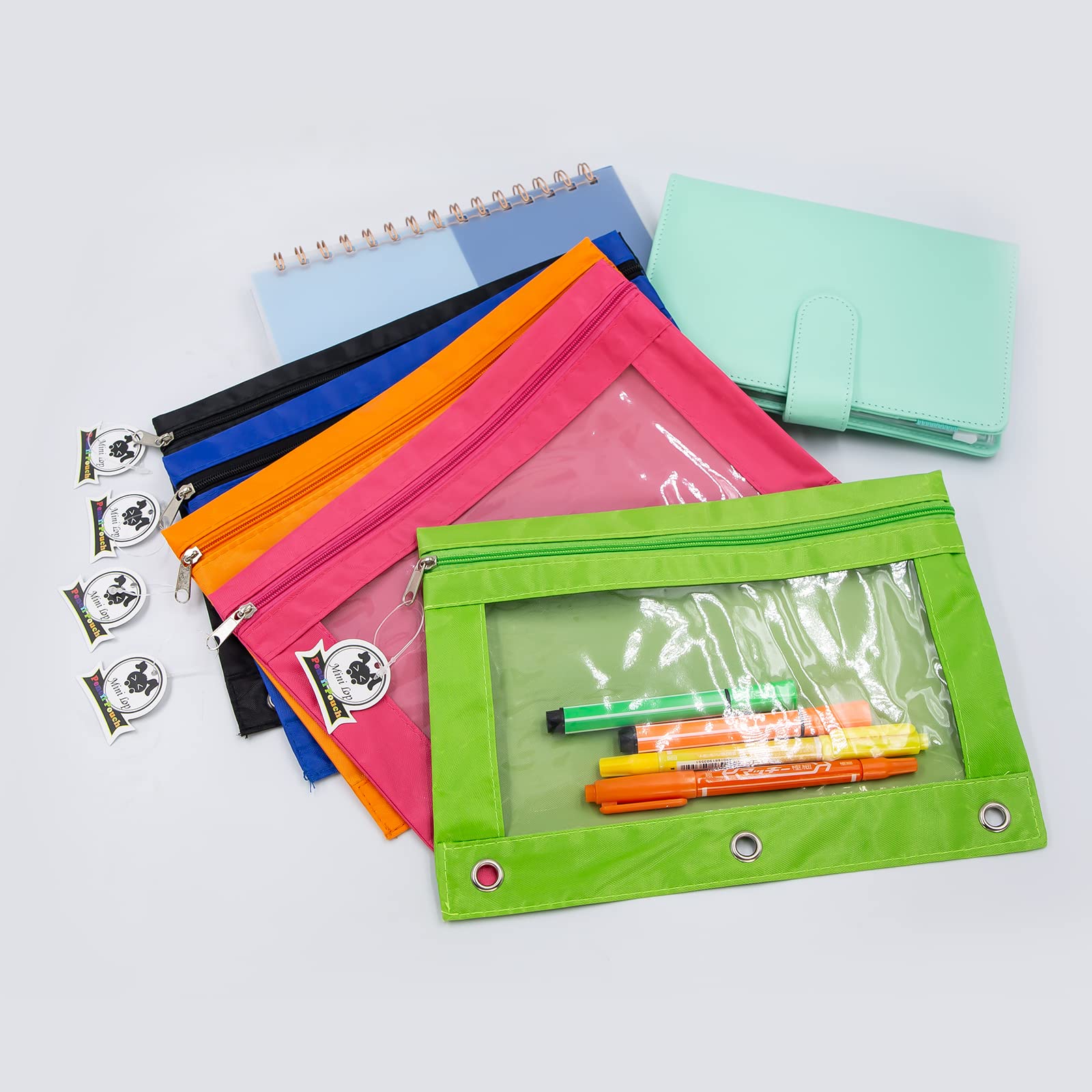 MINI LOP 3 Ring Binder Pencil Pouches, Pencil Pouch for 3 Ring Binder, Zippered Clear Window Pencil Case for Binder with Rivet Enforced Hole 3 Ring, 5 Packs