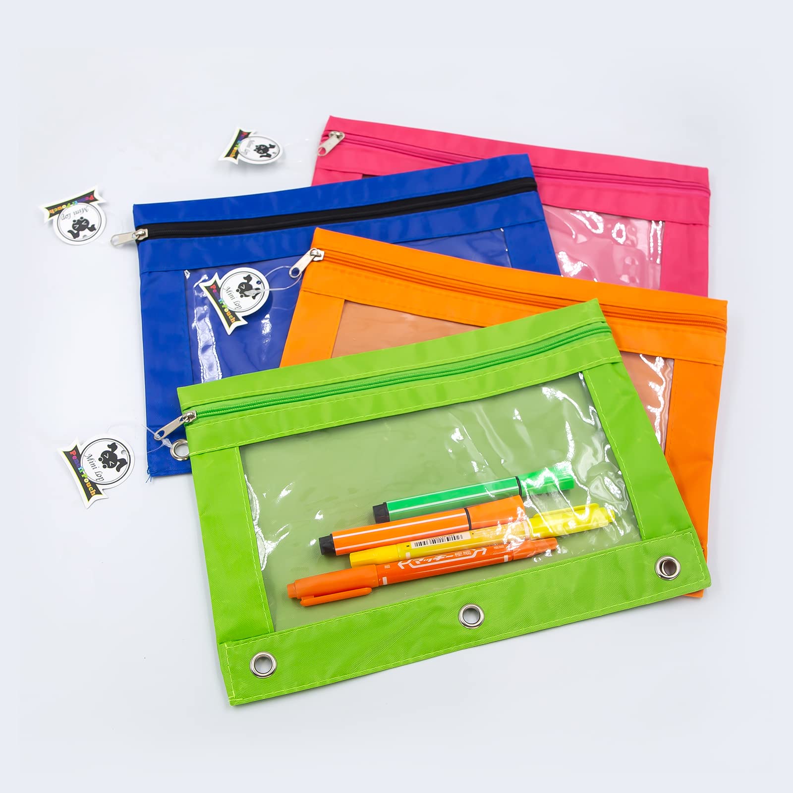 MINI LOP 3 Ring Binder Pencil Pouches, Pencil Pouch for 3 Ring Binder, Zippered Clear Window Pencil Case for Binder with Rivet Enforced Hole 3 Ring, 5 Packs
