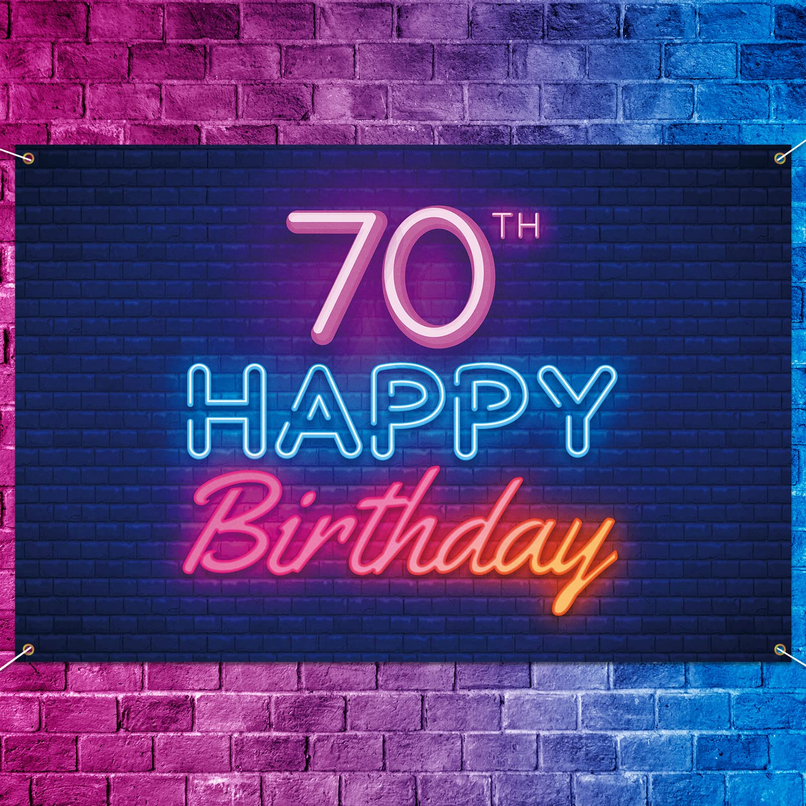 Glow Neon Happy 70th Birthday Backdrop Banner Decor Black – Colorful Glowing 70 Years Old Birthday Party Theme Decorations for Men Women Supplies