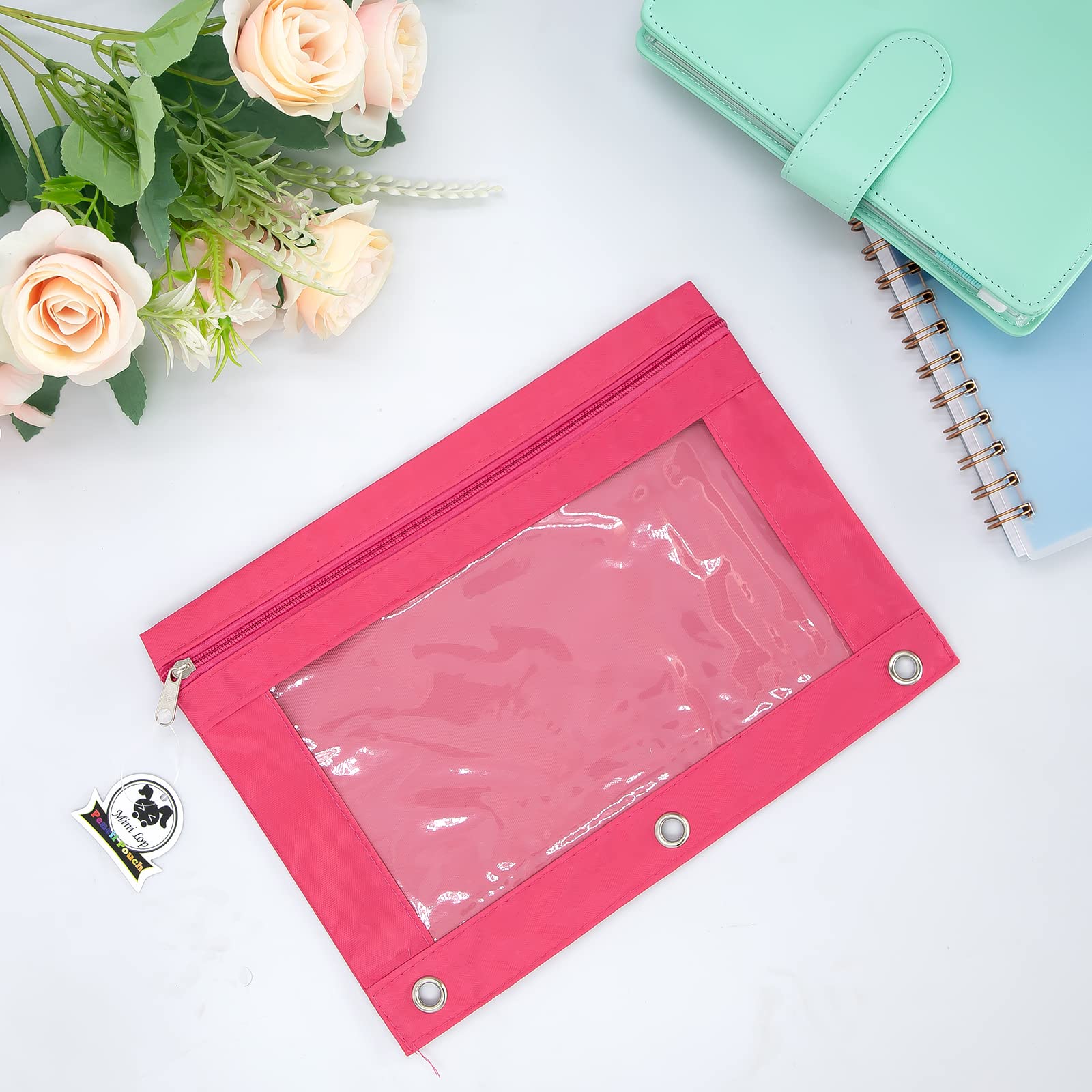 MINI LOP 3 Ring Binder Pencil Pouches, Pencil Pouch for 3 Ring Binder, Zippered Clear Window Pencil Case for Binder with Rivet Enforced Hole 3 Ring, 5 Packs