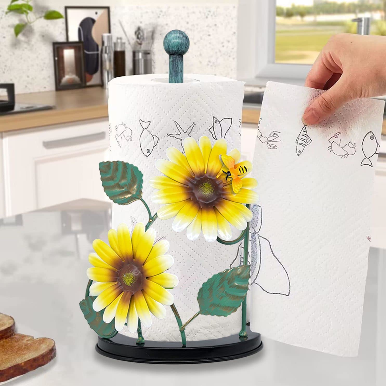 Metal Apple Blossom Paper Towel Holder Countertop, Kitchen Paper Towel Stand Holder for Kitchen Organization and Storage, One-Handed Operation Countertop Roll Dispenser for Standard and Large Rolls