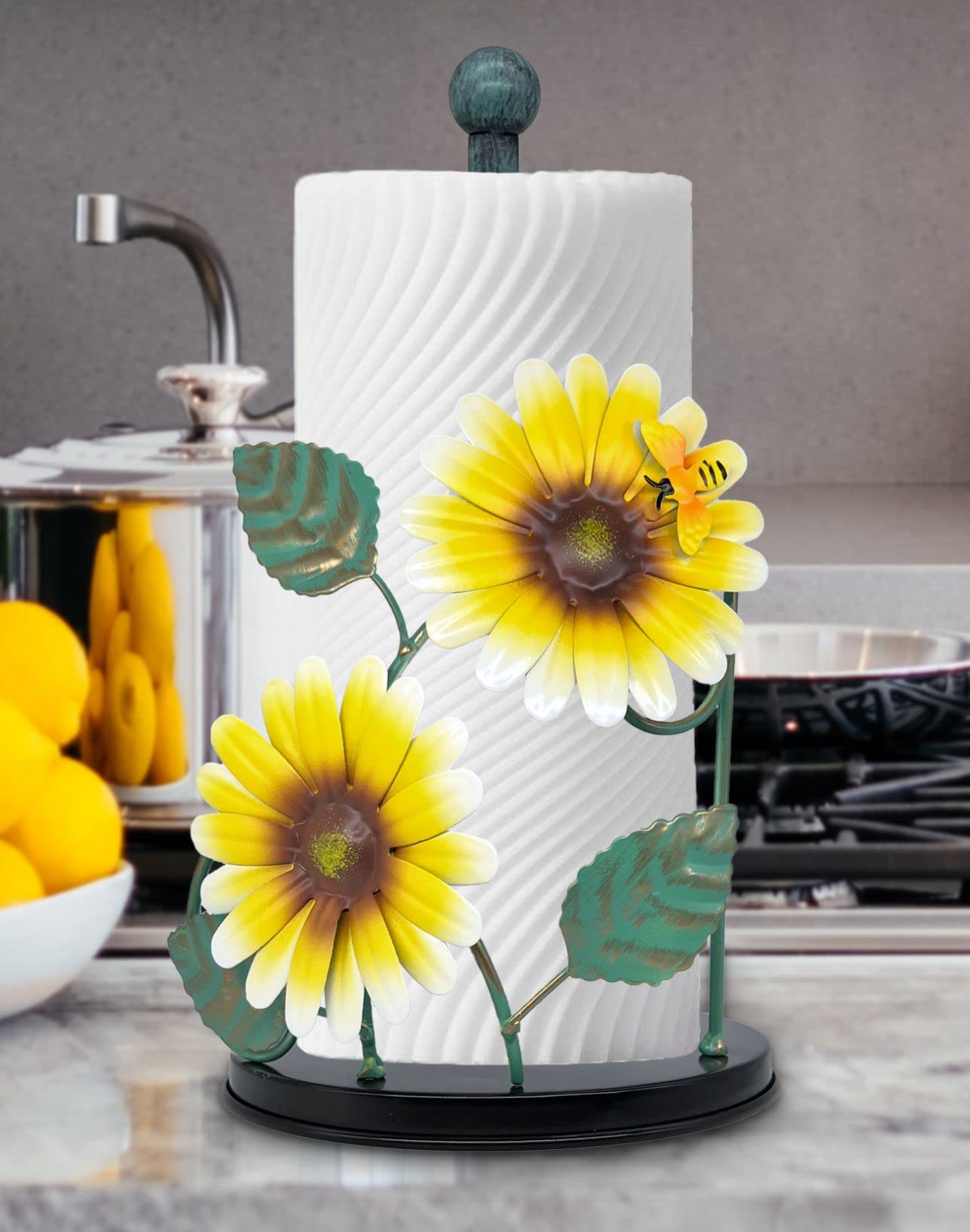 Metal Apple Blossom Paper Towel Holder Countertop, Kitchen Paper Towel Stand Holder for Kitchen Organization and Storage, One-Handed Operation Countertop Roll Dispenser for Standard and Large Rolls