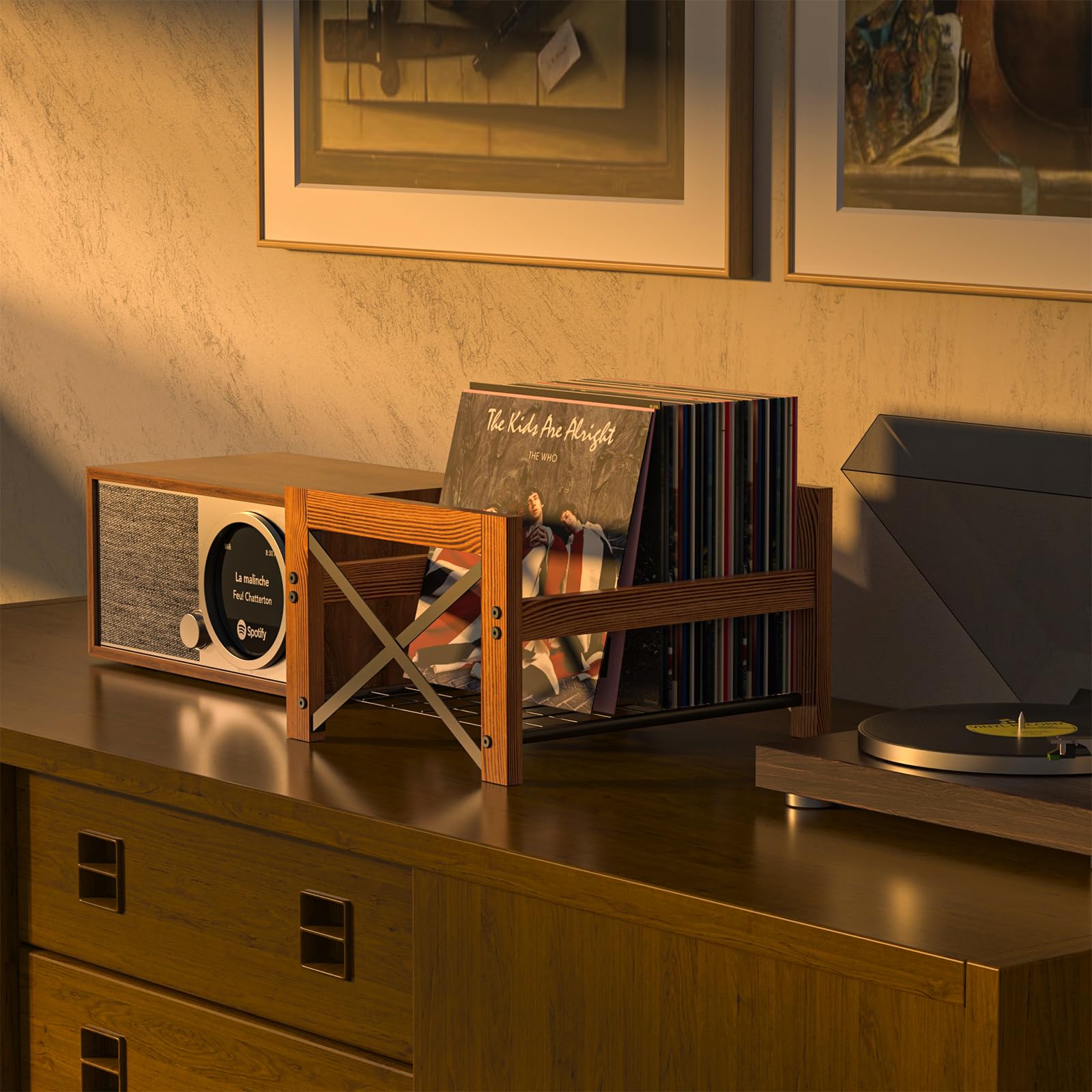 X-cosrack Vinyl Record Holder,Fits 7β -12β Records,Store Up to 100Albums,DVDs,or CDs-Wood Book Storage Stand,File Folder Racks,Modern Design,Brown
