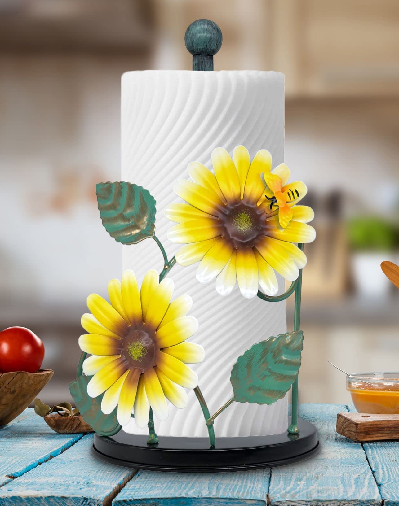 Metal Apple Blossom Paper Towel Holder Countertop, Kitchen Paper Towel Stand Holder for Kitchen Organization and Storage, One-Handed Operation Countertop Roll Dispenser for Standard and Large Rolls