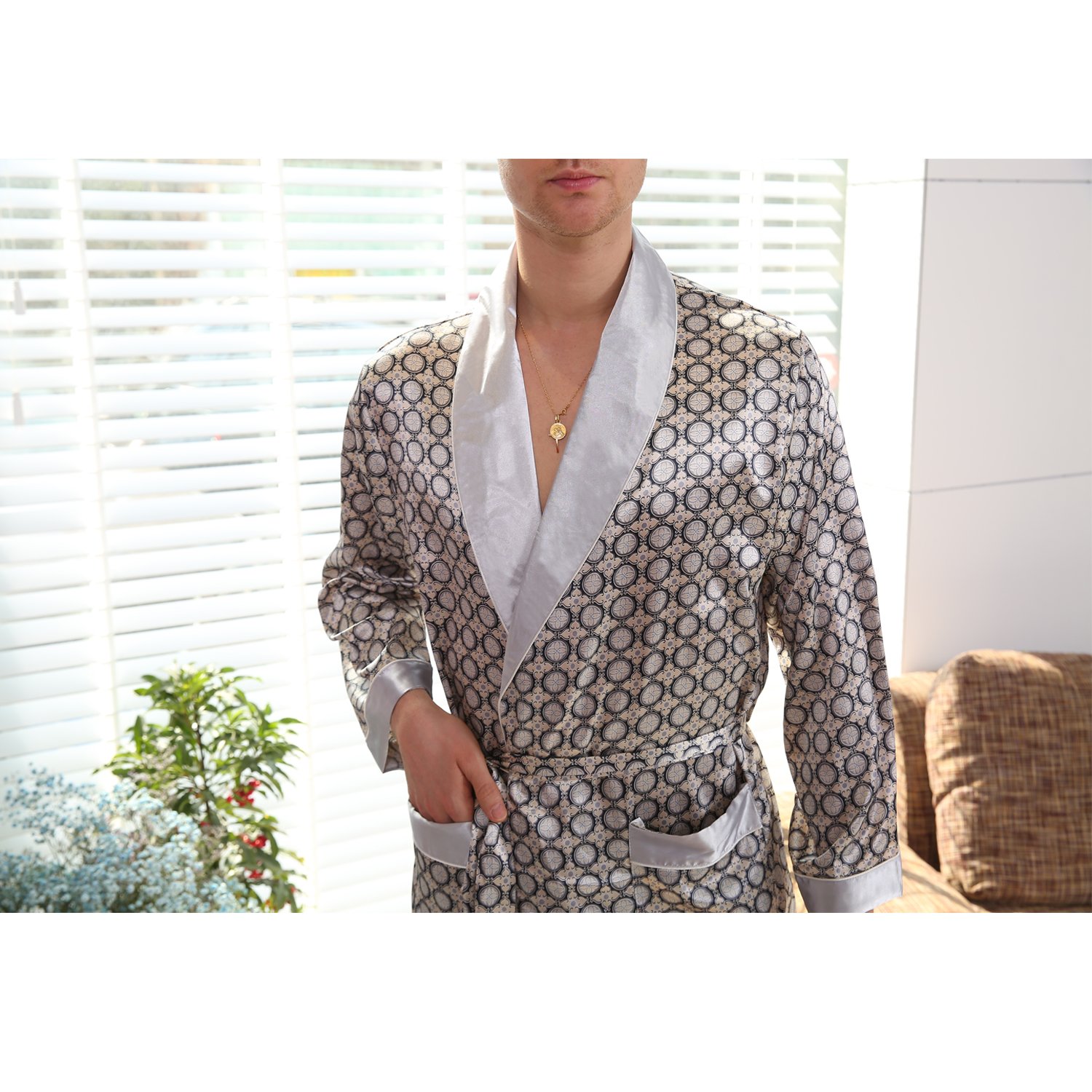 BridalAffair Men's Summer Luxurious Kimono Robe Soft Satin Bathrobe Long-Sleeve Nightgown Printed Pajamas Silver Gray, Large/X-Large