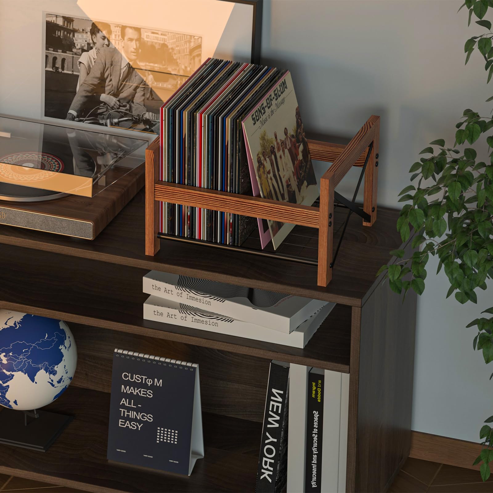 X-cosrack Vinyl Record Holder,Fits 7β -12β Records,Store Up to 100Albums,DVDs,or CDs-Wood Book Storage Stand,File Folder Racks,Modern Design,Brown