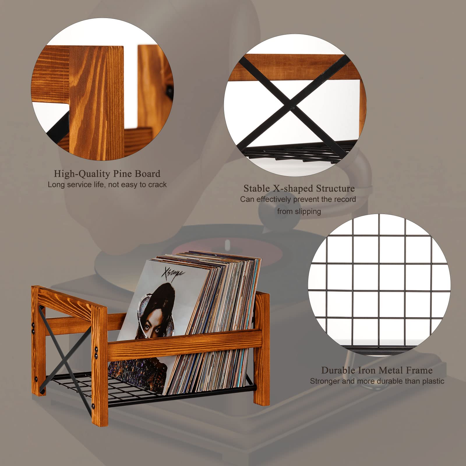 X-cosrack Vinyl Record Holder,Fits 7β -12β Records,Store Up to 100Albums,DVDs,or CDs-Wood Book Storage Stand,File Folder Racks,Modern Design,Brown