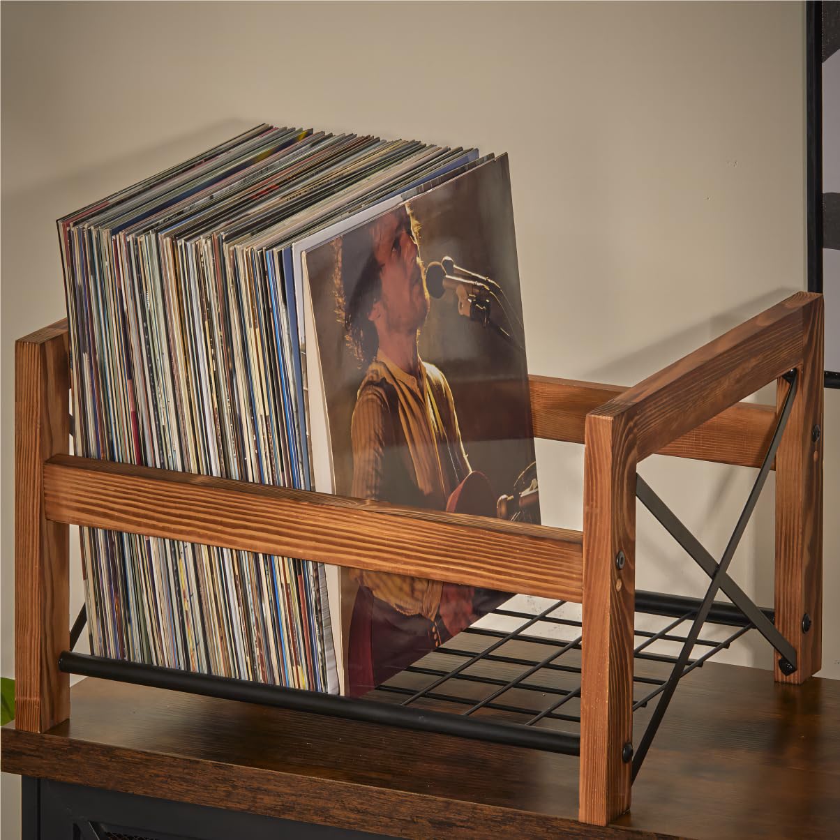 X-cosrack Vinyl Record Holder,Fits 7β -12β Records,Store Up to 100Albums,DVDs,or CDs-Wood Book Storage Stand,File Folder Racks,Modern Design,Brown