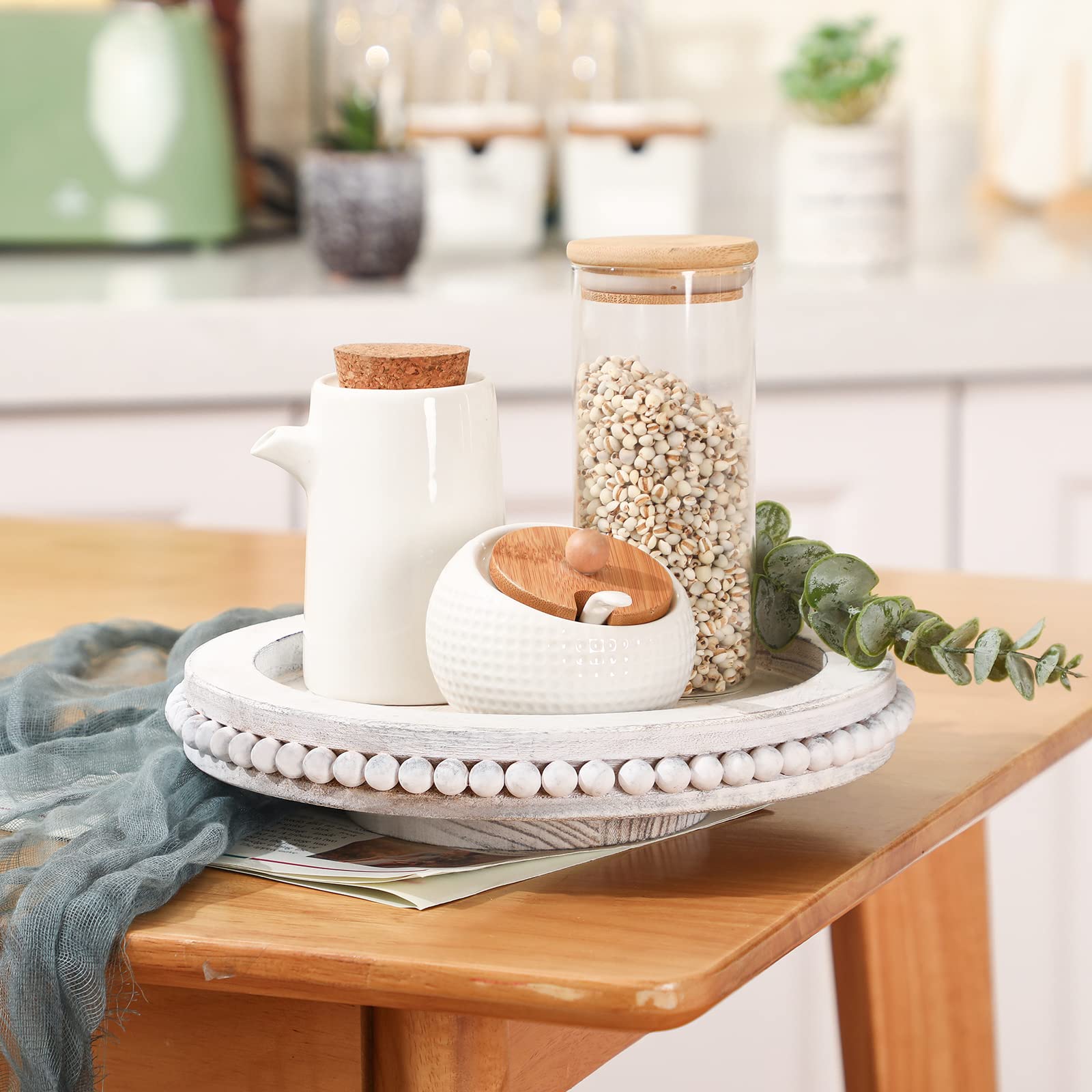 Wooden White Beaded Lazy Susan Round Spinning Kitchen Turntable 360 Degrees Rotating Lazy Susan Kitchen Tray for Cabinet Counter, 9.8 inch