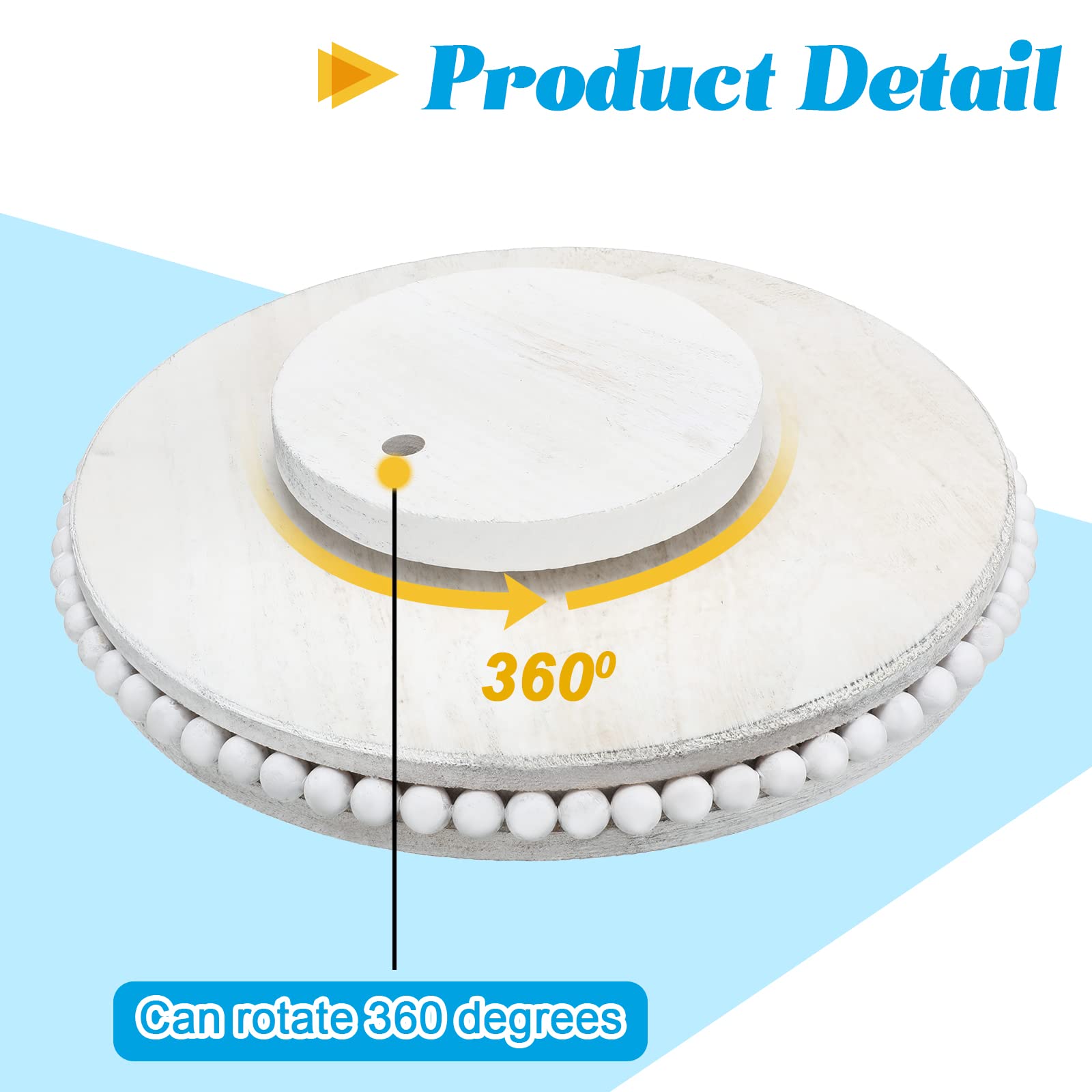 Wooden White Beaded Lazy Susan Round Spinning Kitchen Turntable 360 Degrees Rotating Lazy Susan Kitchen Tray for Cabinet Counter, 9.8 inch