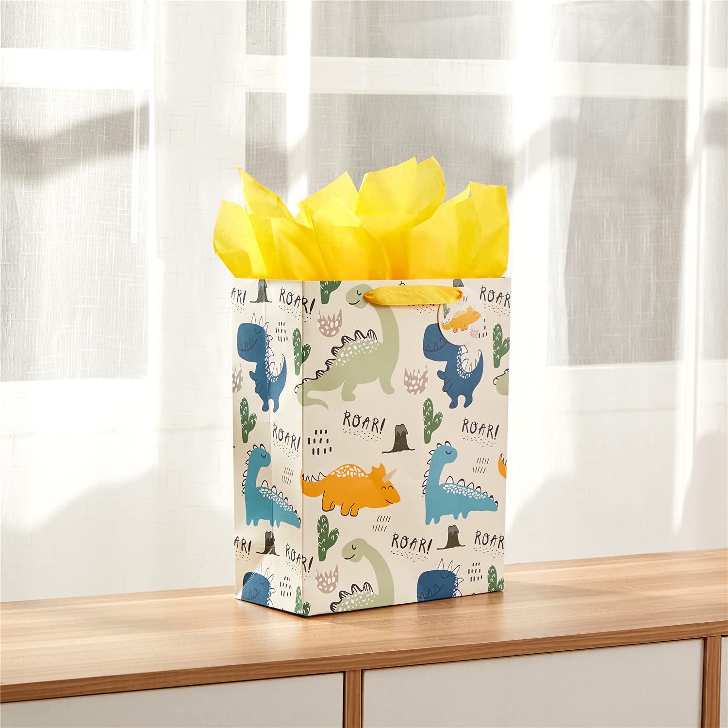 SUNCOLOR 13" Large Gift Bag with Tissue Paper for Kids (Dinosaurs)