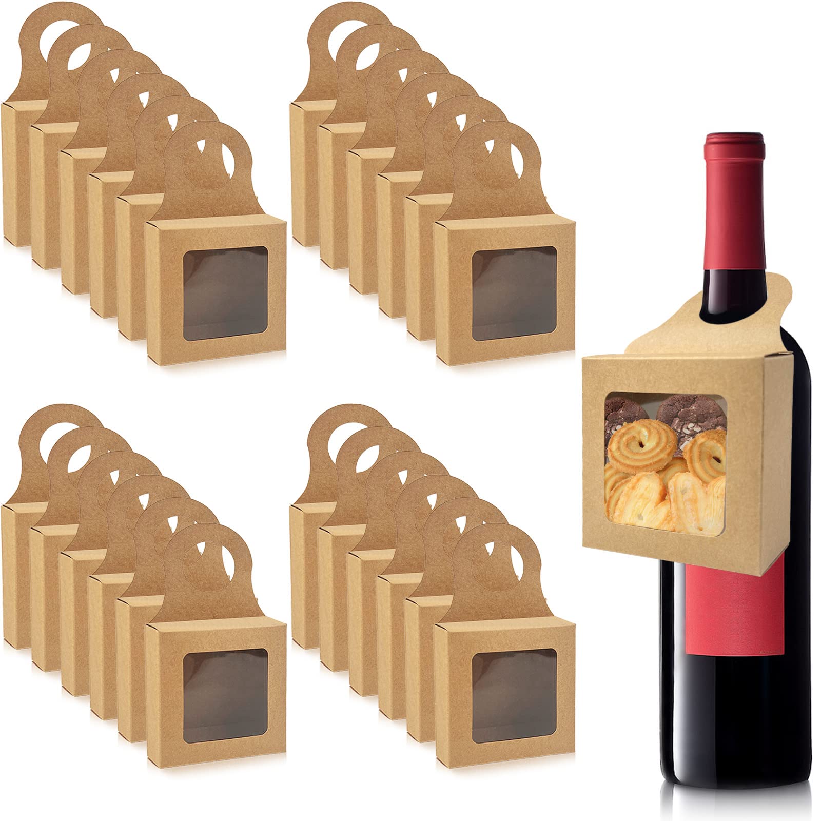 30 Count Kraft Paper Wine Bottle Box, Foldable Hanging Wine Boxes Gift Boxes with Window for Decoration Bottle Hanger Favor Box
