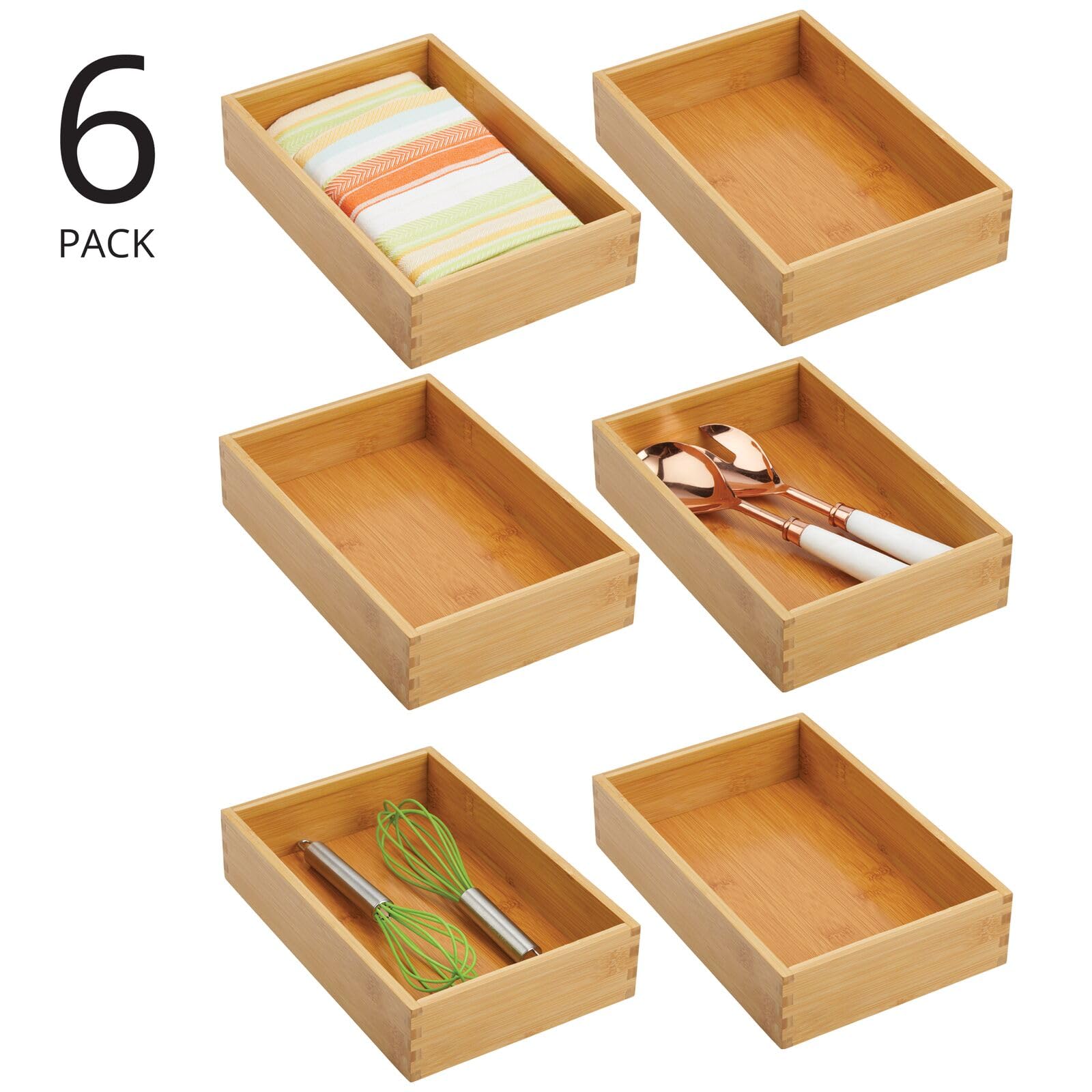 mDesign Bamboo Wood Drawer Organizer Box Tray for Kitchen, Drawers, Utensil Storage Countertops, Shelves, and Pantry; Holds Flatware, Cooking Utensils - Echo Collection - 6 Pack - Natural