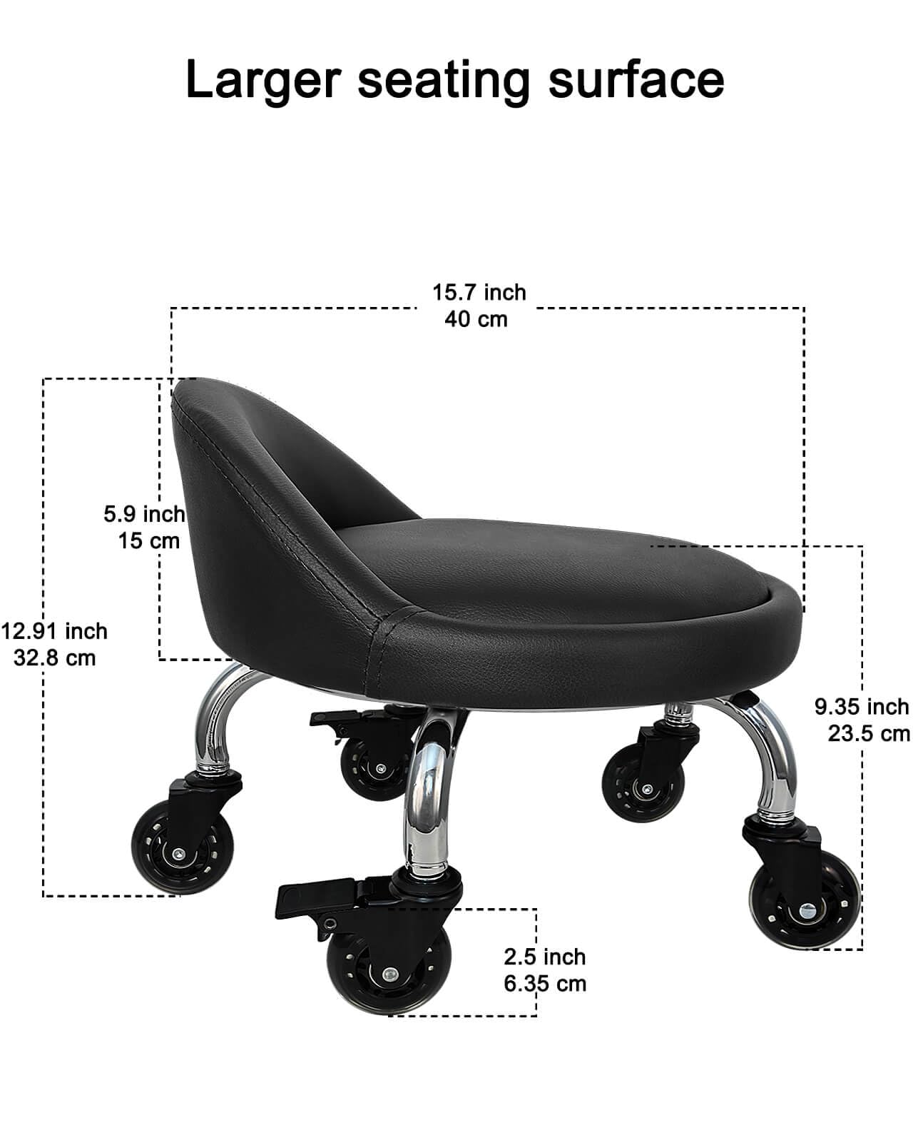 Rolling Stool with Backrest VAPAA TAIDE 450 Lbs High Weight Capacity PU Leather Roller Seat and Heavy-Duty Crystal Universal Wheels for Men Women Boy Girl Furniture Gift, Home Office Black