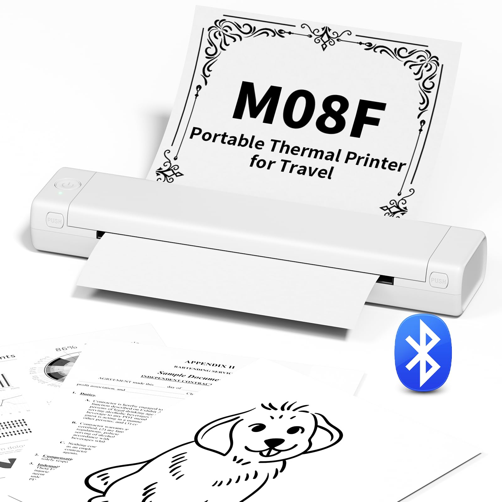 Odaro M08F Portable Wireless Letter Printer for Travel, Bluetooth Thermal Inkless Small Printer, Support 8.5" X 11" Letter Size Thermal Paper, Work with Laptop Phone and Pad - White