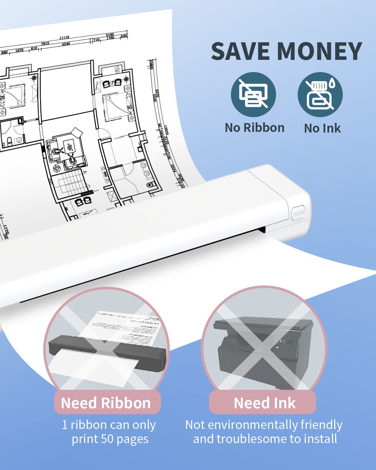 Odaro M08F Portable Wireless Letter Printer for Travel, Bluetooth Thermal Inkless Small Printer, Support 8.5" X 11" Letter Size Thermal Paper, Work with Laptop Phone and Pad - White
