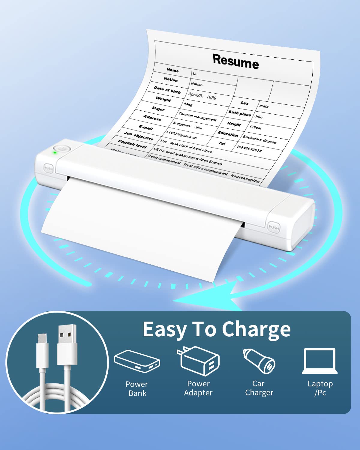 Odaro M08F Portable Wireless Letter Printer for Travel, Bluetooth Thermal Inkless Small Printer, Support 8.5" X 11" Letter Size Thermal Paper, Work with Laptop Phone and Pad - White