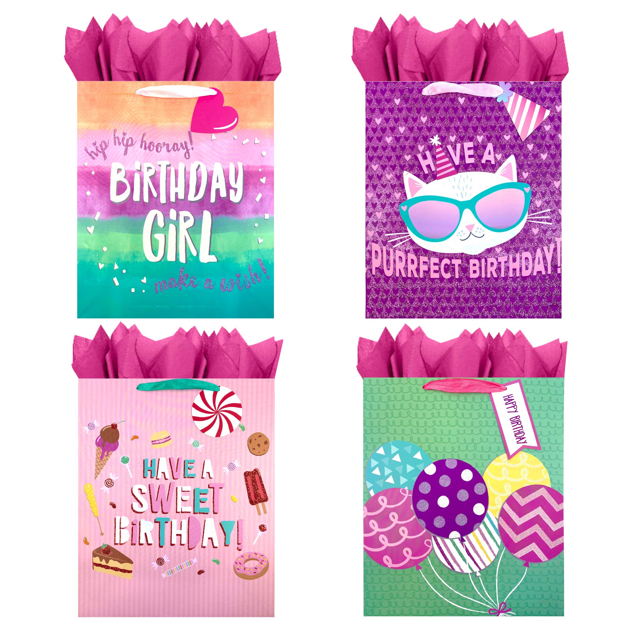 Blue House Group Premium Birthday Gift Bags + Tissue Paper (4 Large Bags + Tissue, Birthday Girl)