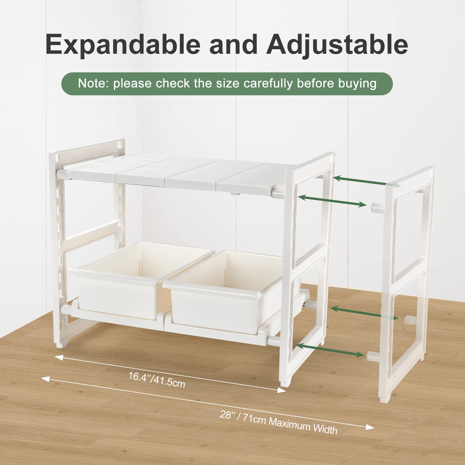 aceyoon Under Sink Organizer and Storage, 2 Tier Expandable Kitchen Under Sink Shelf With 2 Pull Out Drawers and 6 Removable Panels, Adjustable Under Sink Cabinet Rack for Bathroom/Balcony/Cloakroom