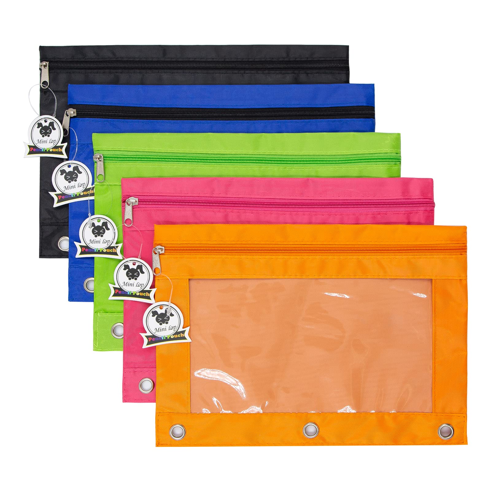 MINI LOP 3 Ring Binder Pencil Pouches, Pencil Pouch for 3 Ring Binder, Zippered Clear Window Pencil Case for Binder with Rivet Enforced Hole 3 Ring, 5 Packs