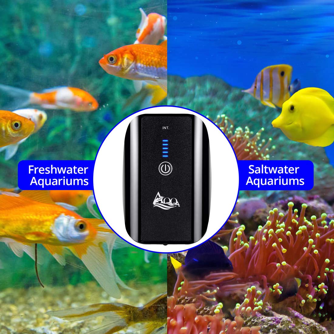 AQQA Aquarium Air Pump, Battery Rechargeable Portable Bubbles Oxygen Pump for Fresh & Saltwater Aquariums Tanks with Air Stone, Tube, USB Cable and Adapter (1.7 W for 1-100Gal Tank)
