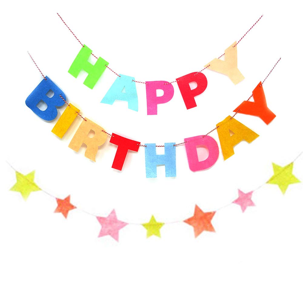 Honbay 1 Felt String Happy Birthday Party Banner and 1 String Colorful Star Banner