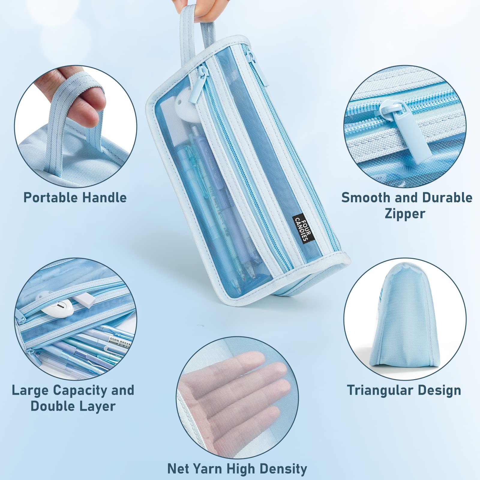 Four Candies Grid Mesh Pencil Case with Handle and Zipper, Clear Double-layer Pencil Pouch Marker Pouch, Travel Makeup Bag, Cute Transparent Stationary Organizer Pen Bag for Adult Office College