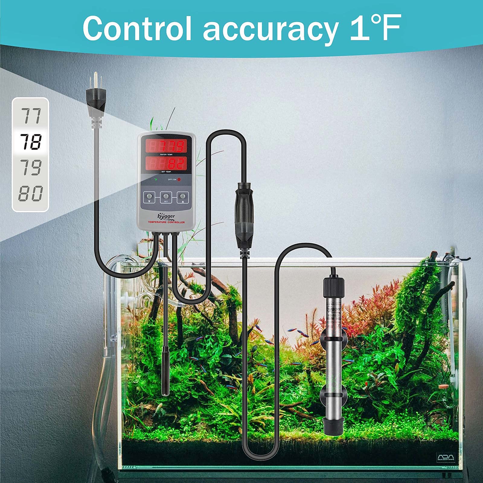 hygger Pinpoint Saltwater Aquarium Heater with Digital Thermostat IC Temp Controller, Titanium Tube Submersible Fish Tank Heater for Coral Reef 100 Watt