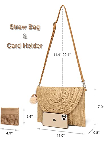 YIKOEE Straw Bag and Card Holder Set for Women Summer Beach Purse Woven Bag With PomPom