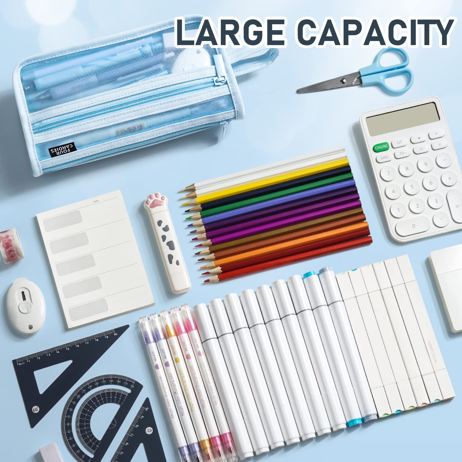 Four Candies Grid Mesh Pencil Case with Handle and Zipper, Clear Double-layer Pencil Pouch Marker Pouch, Travel Makeup Bag, Cute Transparent Stationary Organizer Pen Bag for Adult Office College