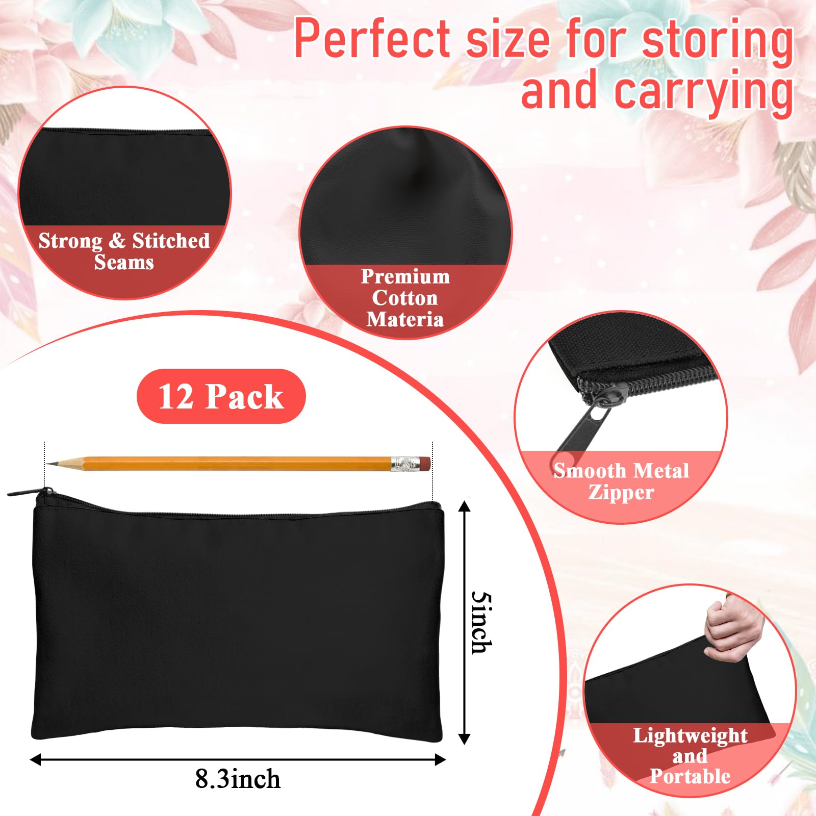 Legigo 12 Pack Blank DIY Craft Bag Canvas Pencil Case Blank Makeup Bags- Black Canvas Pencil Pouch Bulk Canvas Cosmetic Bag Multi-Purpose Travel Toiletry Bag Canvas Zipper Bags (8.3 × 5 Inch)