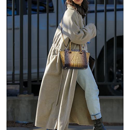 Chinllo Classy Crocodile Pattern Top-Handle Bag Roomy Satchel Shoulder Bag With Detachable Long Strap (Brown)
