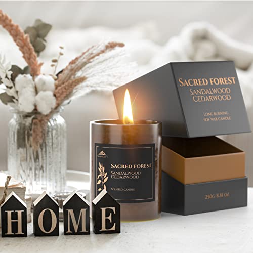 Sacred Forest Cedar & Sandalwood Candle [60H Burning Time] Natural Soy Candle Scented Infused with Essential Oils, Smokeless Aromatherapy Candle 8.81 Oz, Gift Packaging Included