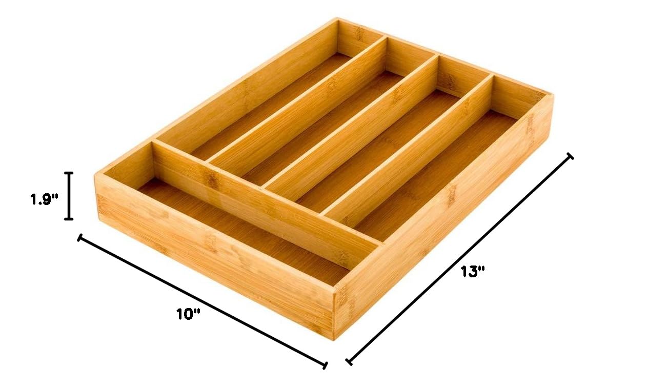 13 x 10 x 1.9 Inch Silverware Tray, 1 Durable Cutlery Tray - 5 Compartments, Shatterproof, Natural Bamboo Utensil Tray, Chip-Resistant, For Knives, Forks, And Spoons - Restaurantware