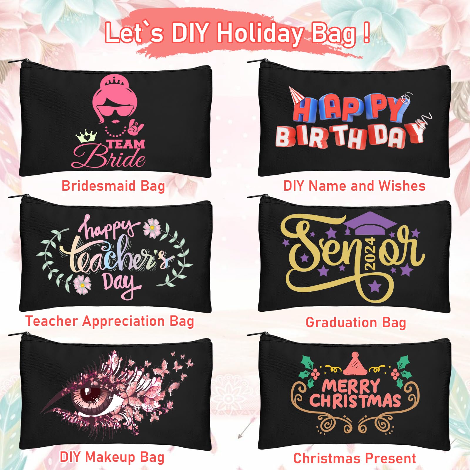 Legigo 12 Pack Blank DIY Craft Bag Canvas Pencil Case Blank Makeup Bags- Black Canvas Pencil Pouch Bulk Canvas Cosmetic Bag Multi-Purpose Travel Toiletry Bag Canvas Zipper Bags (8.3 × 5 Inch)