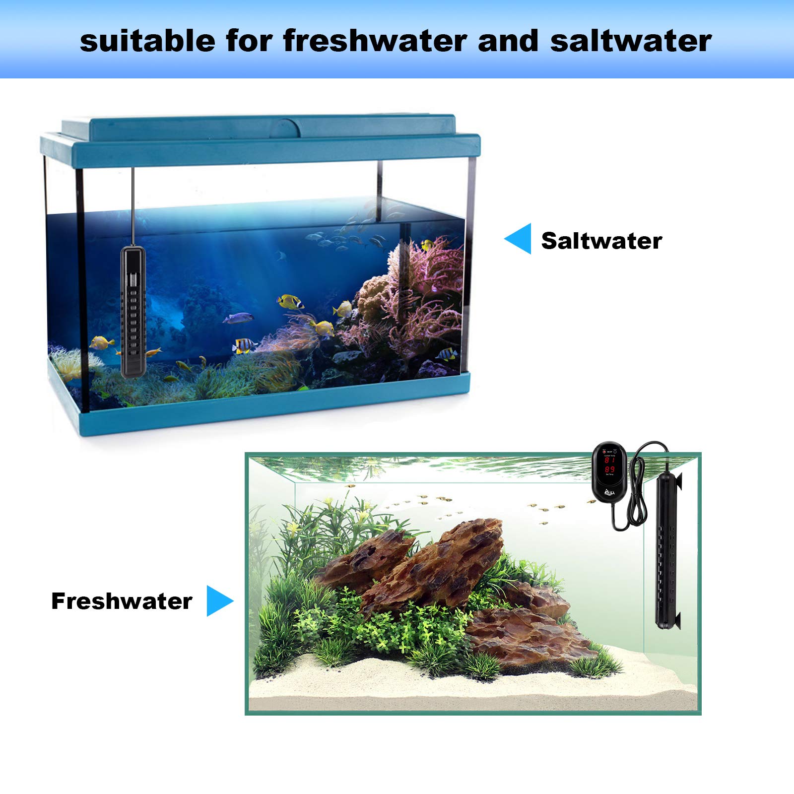 AQQA Submersible Aquarium Heater,100W/200W/300W/500W/800W/1000W/1200W Fish Tank Heater,External Temperature Controller LED Temperature Display,Suitable for Saltwater and Freshwater(100W)