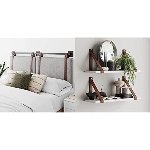 Nathan James Harlow Wall Mount Headboard, King, Gray & Brandon Wall Mount Modern White Marble Floating Shelf for Wall with Vintage Brown Leather Strap, Set of 2, Marble/Brown