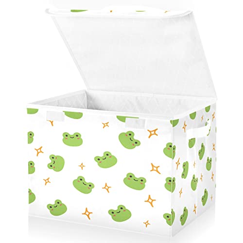Kigai Storage Basket Cute Frog Storage Boxes with Lids and Handle, Large Storage Cube Bin Collapsible for Shelves Closet Bedroom Living Room, 16.5x12.6x11.8 In