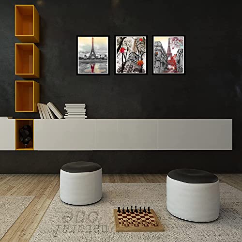 UKZMN 3 Pieces Paris Wall Art Prints, black and white Eiffel Tower Romantic Paris Theme Room Art Poster Decor for Girls Living Room Bedroom Bathroom Kitchen Office Decor, (12 x 16 Inch Unframed)
