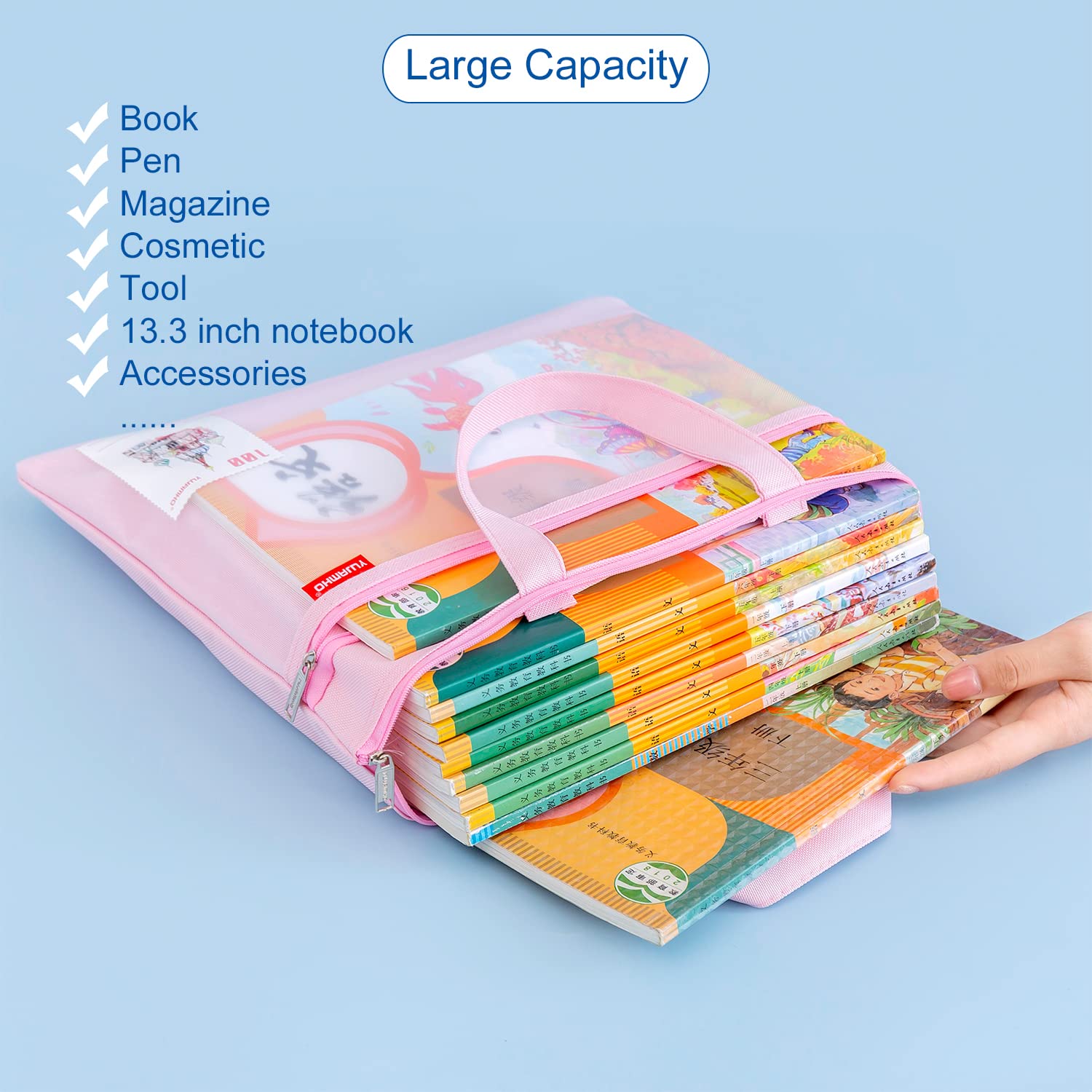 Pendancy Mesh Zipper Pouch 11x13.7 in, Large Double Pocket Waterproof File Bag with Handle, A4 Size Foldable Document Storage for Puzzle Project/Cross Stitch/Travel/Office（Gray）