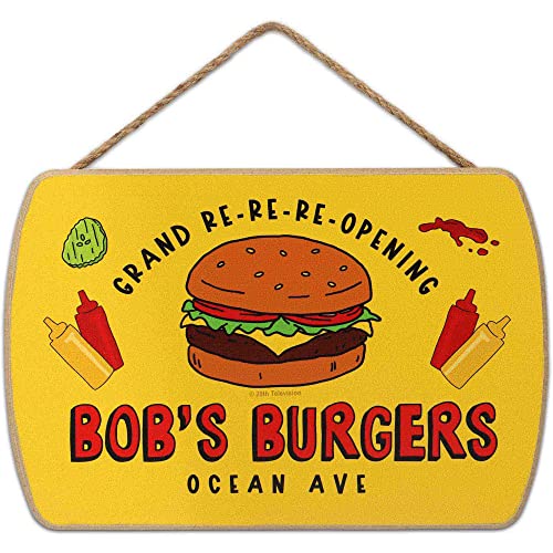 Open Road Brands Bob's Burgers Grand Re-Re-Reopening Hanging Wood Wall Decor - Funny Bob's Burgers Sign for Bedroom or Movie Room