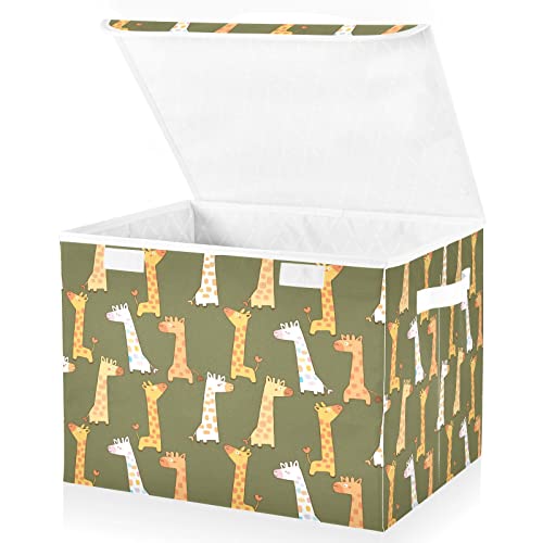 Kigai Storage Basket Cartoon Giraffe Storage Boxes with Lids and Handle, Large Storage Cube Bin Collapsible for Shelves Closet Bedroom Living Room, 16.5x12.6x11.8 In