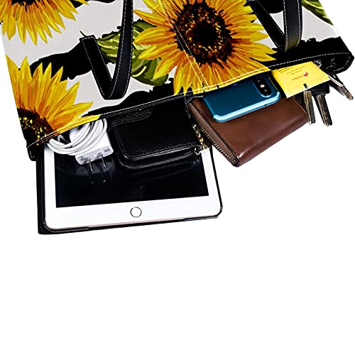 Women’s Leather Tote Bag, Aesthetic Sunflower Black Stripe Large Heavy Duty Shoulder Bag Travel Work School Handbag
