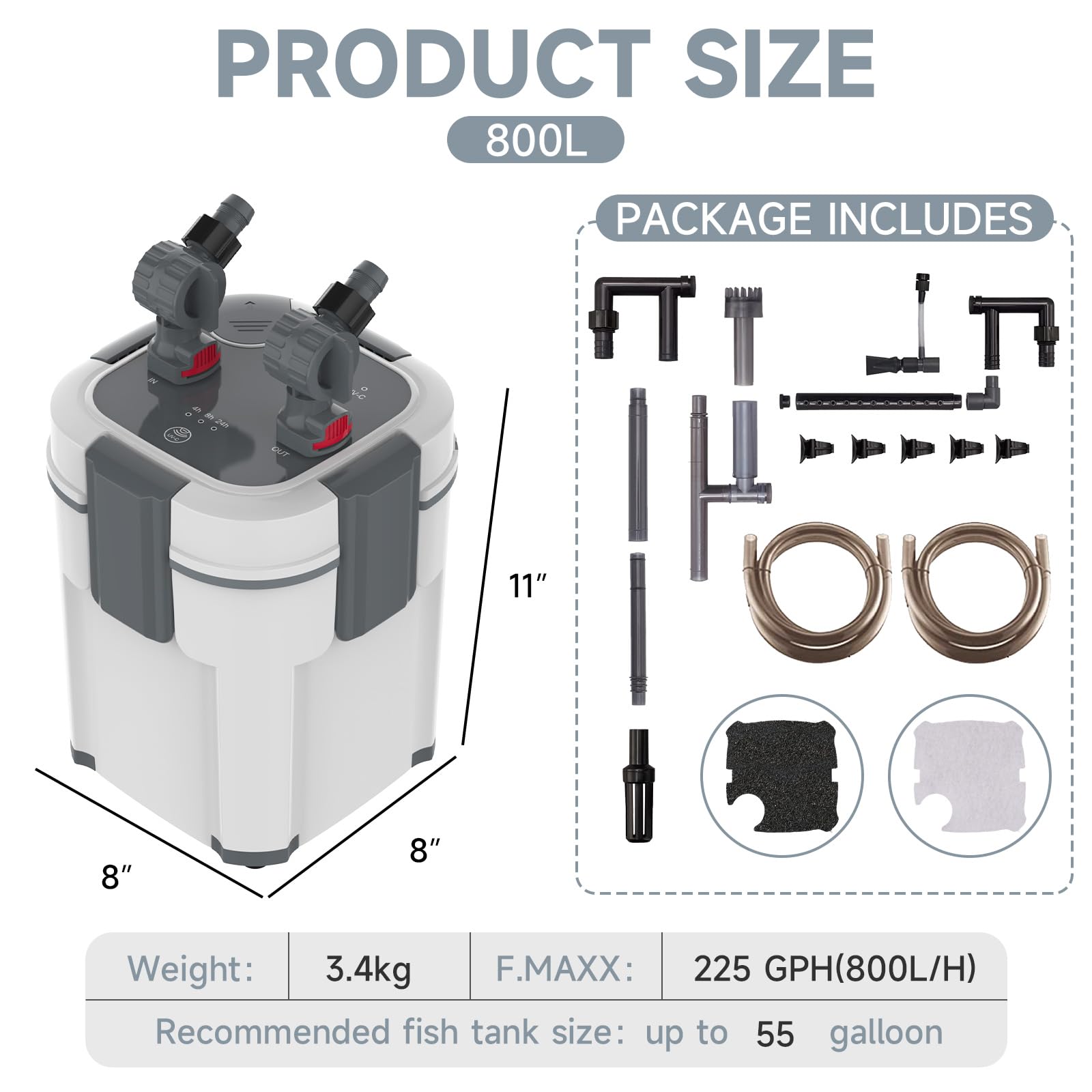 bykaeler 225GPH Canister Filter for Aquarium with Timed Light, Ultra-Quiet External Aquarium Filter with Filter Medium and Spray Rod,Suitable for Large Fish Tanks and Aquariums (LED-901F)