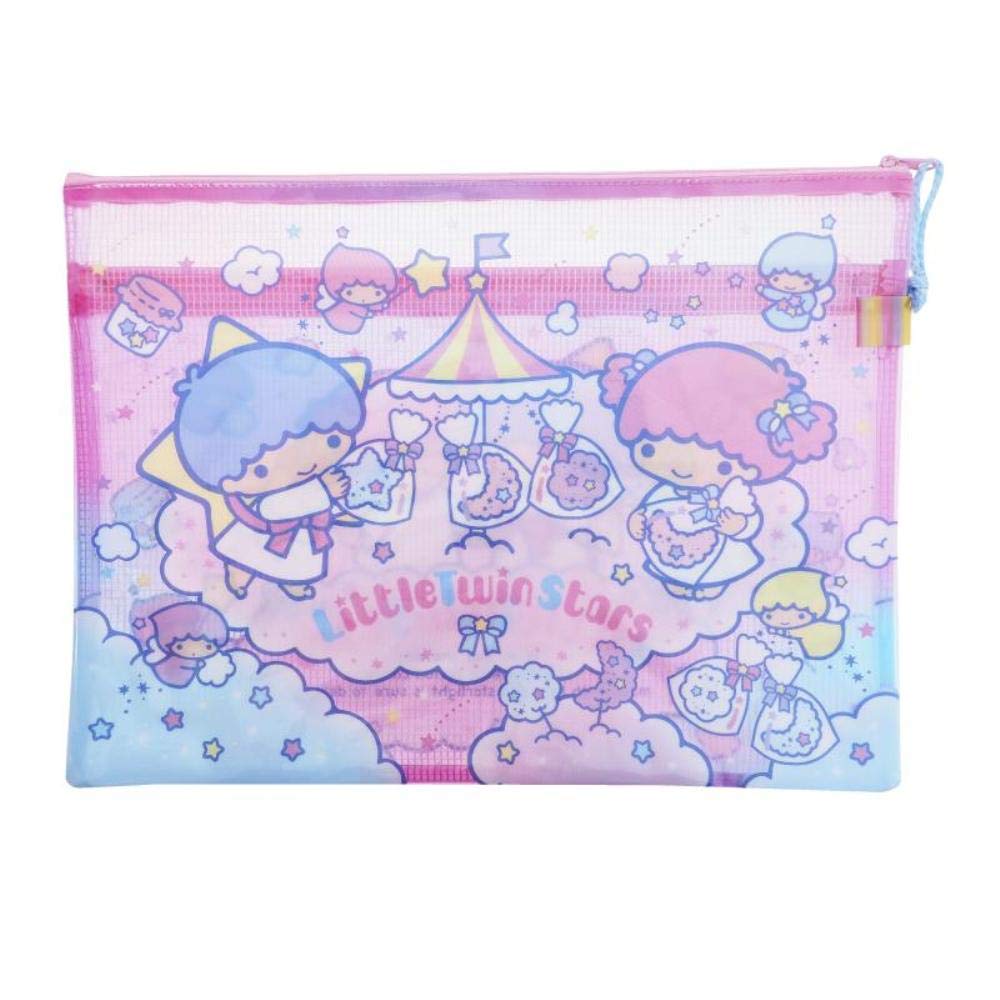 Little Twin Stars Double-Deck Zipper Folder A4 Paper Document File Case F4 Vinyl Pouch with Mesh