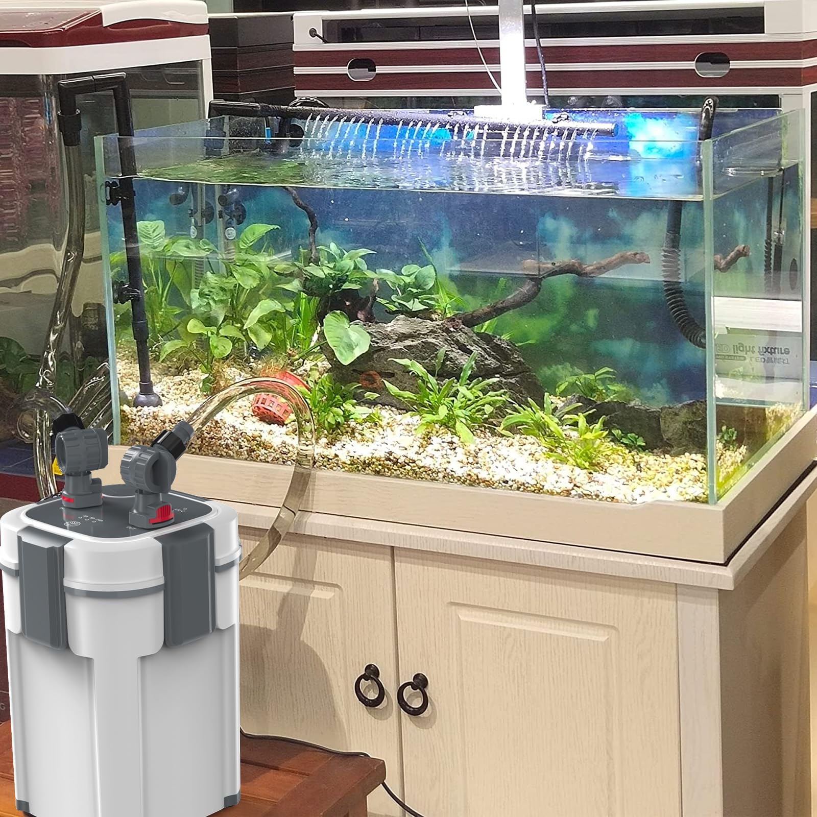bykaeler 225GPH Canister Filter for Aquarium with Timed Light, Ultra-Quiet External Aquarium Filter with Filter Medium and Spray Rod,Suitable for Large Fish Tanks and Aquariums (LED-901F)