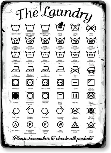 SmartSign Laundry Symbols Wall Art Sign, “Please Remember To Check All Pockets” Vintage Laundry Room Sign, 14 x 10 inch, 40 mil Laminated Rustproof Aluminum, Retro Wall Décor, Black and Rustic White